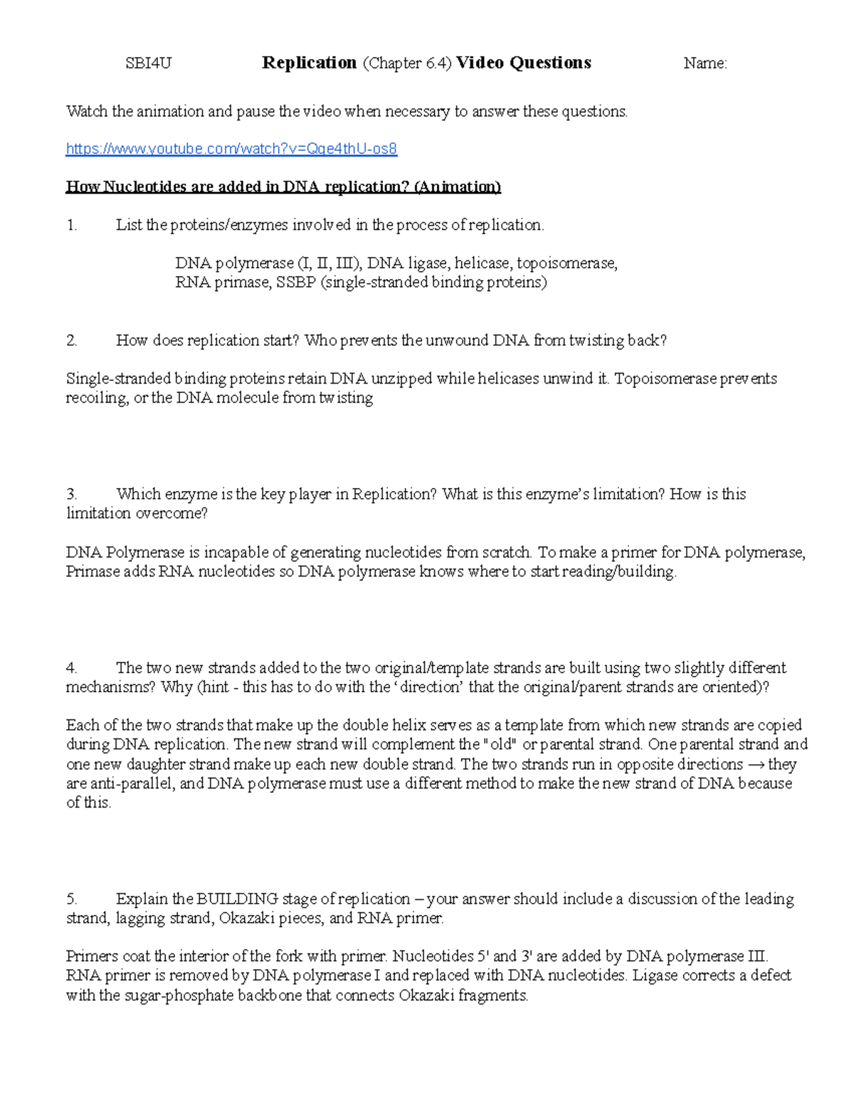 SBI4U Final Exam DNA Replication Worksheet & Video Questions - Studocu