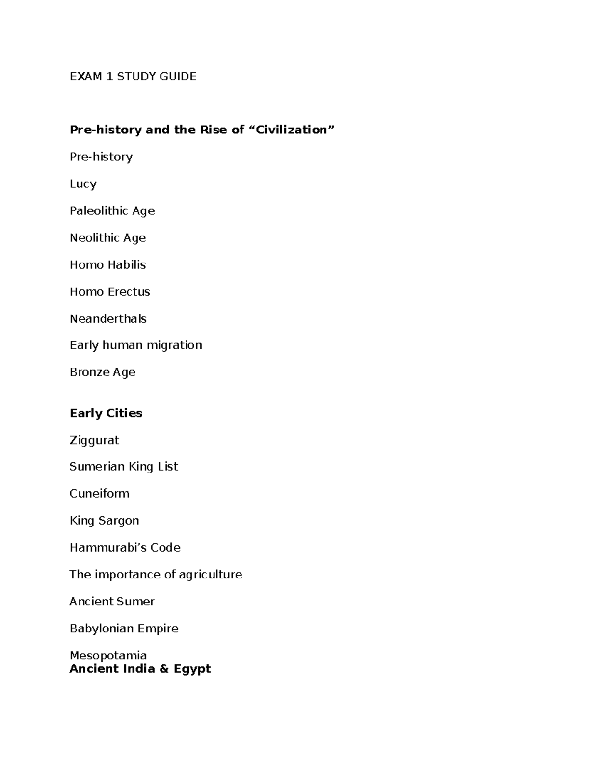 HIST 101: Ancient Civilizations Exam 1 Study Guide Overview - Studocu
