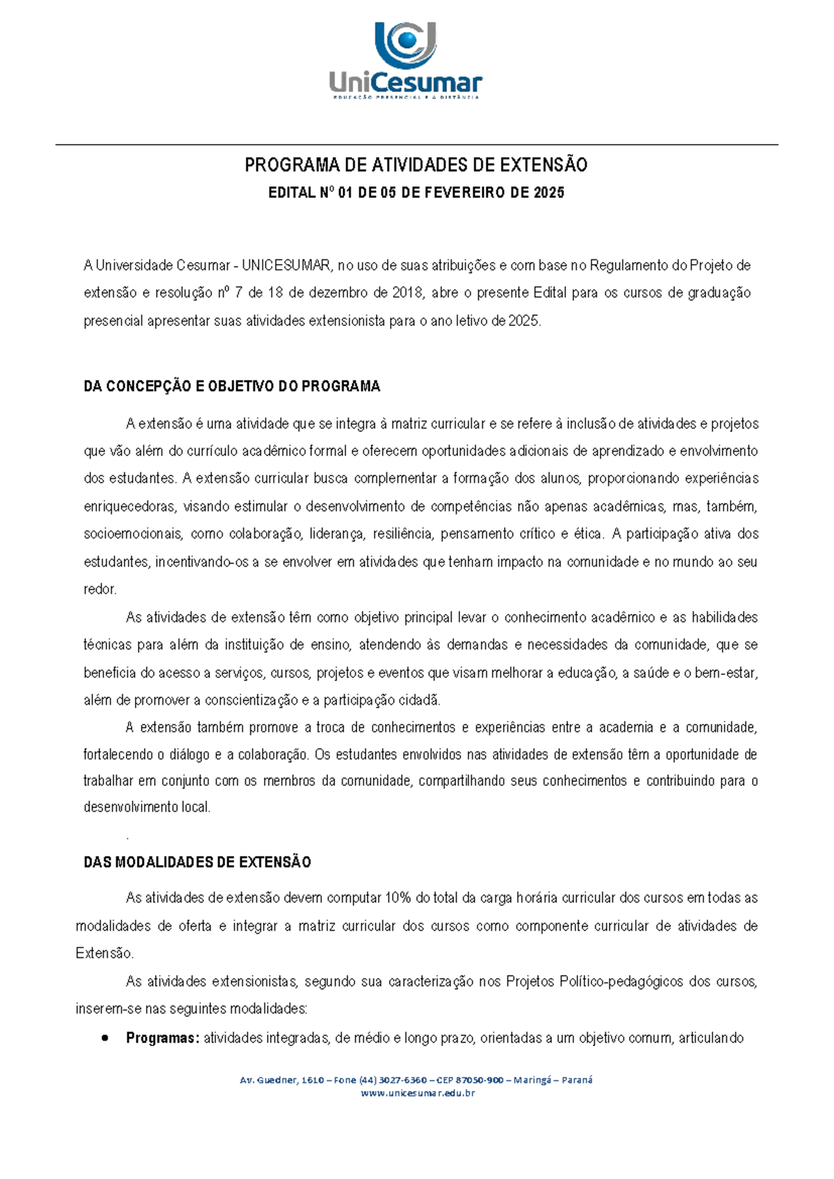 Edital de Atividades de Extensão 2025 - UNICESUMAR - Studocu