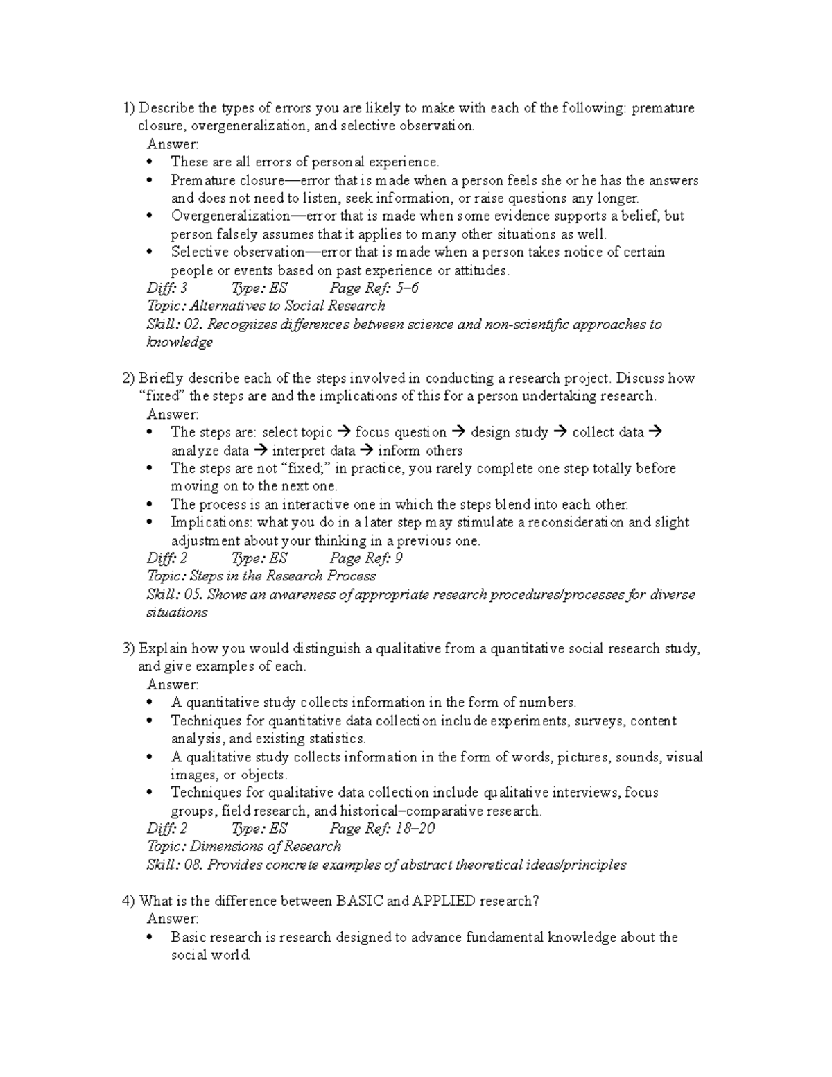 Practice exam 2015, Questions and answers - Chapter 1, Social Research - Describe the types of ...