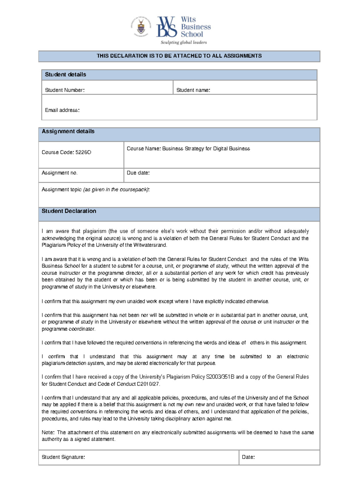 Plagiarism Declaration Form for Assignment 5226O - Business Strategy ...
