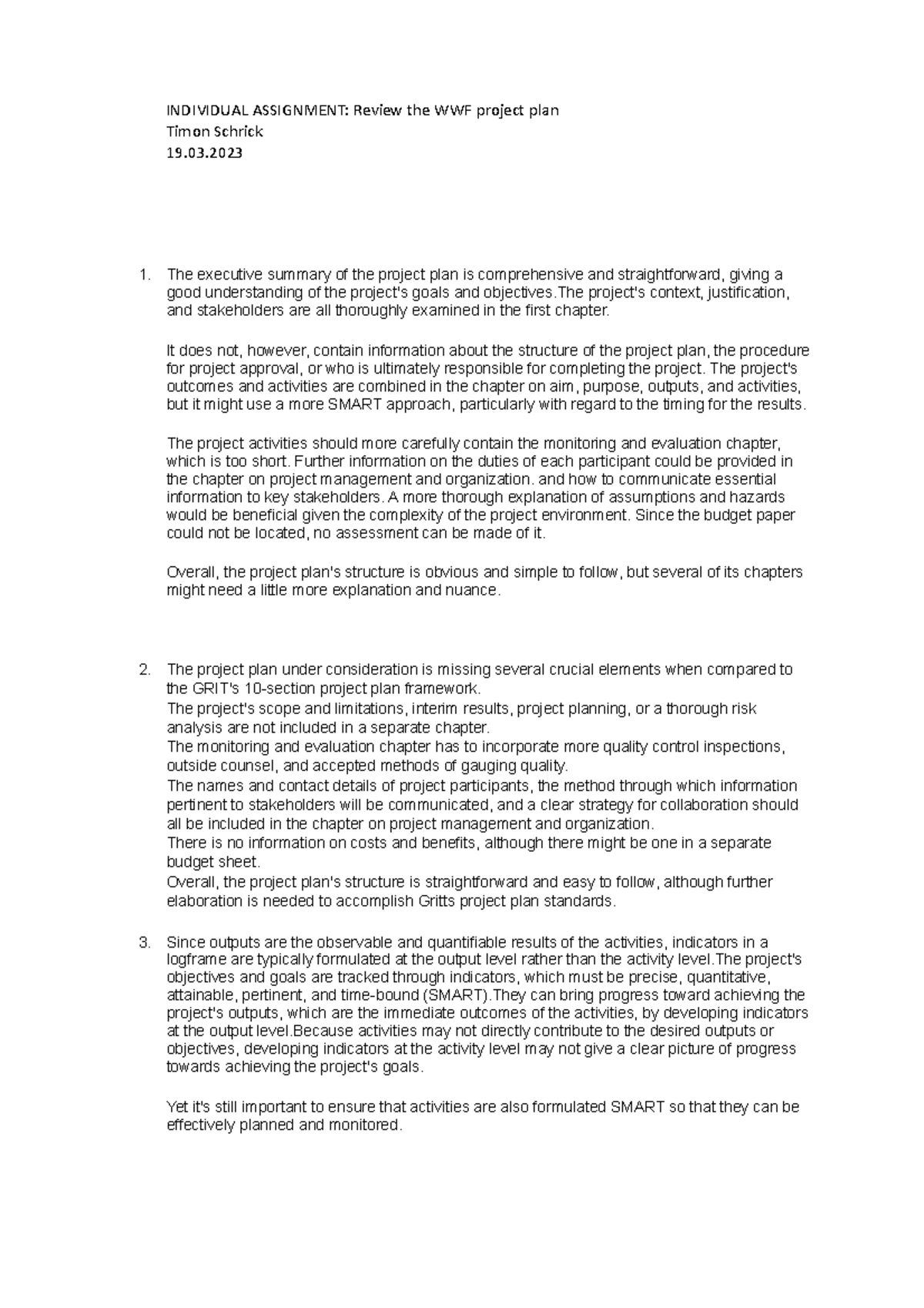 WWF Project Plan Review: Individual Assignment Analysis by Timon ...