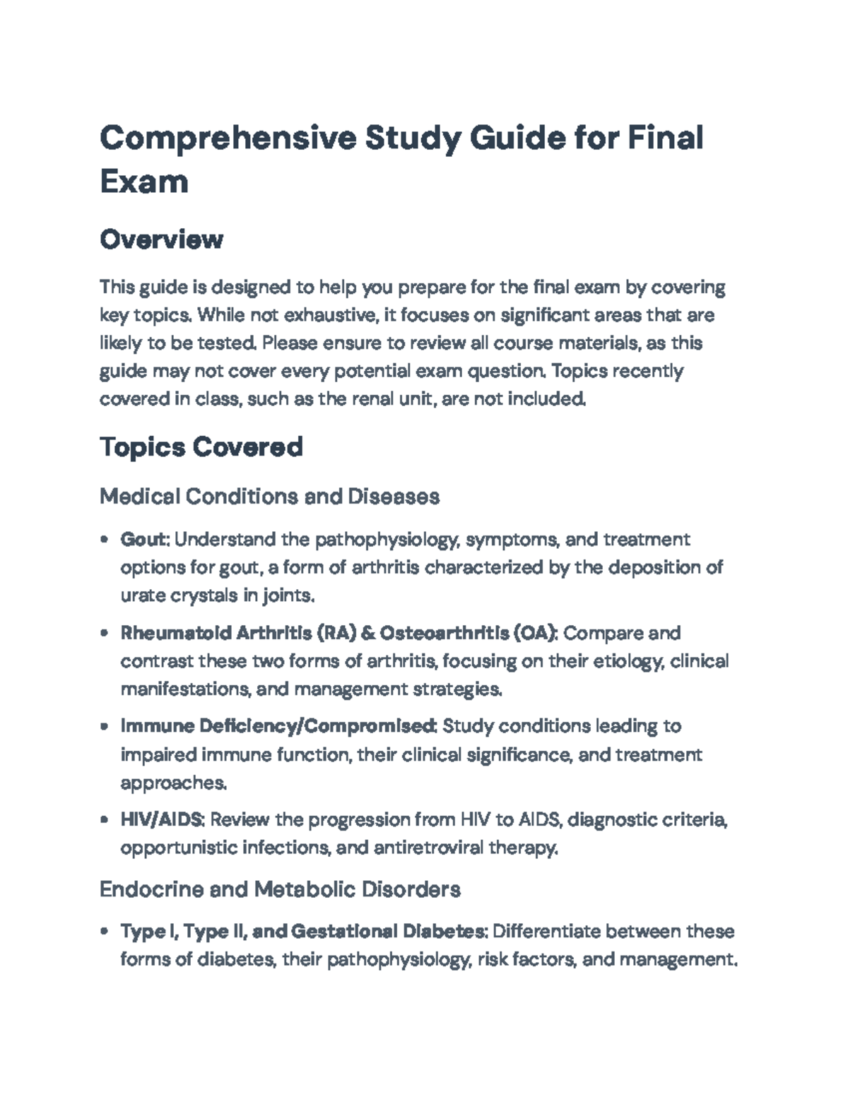 Comprehensive Study Guide for Final Exam in Medical Conditions and Care ...