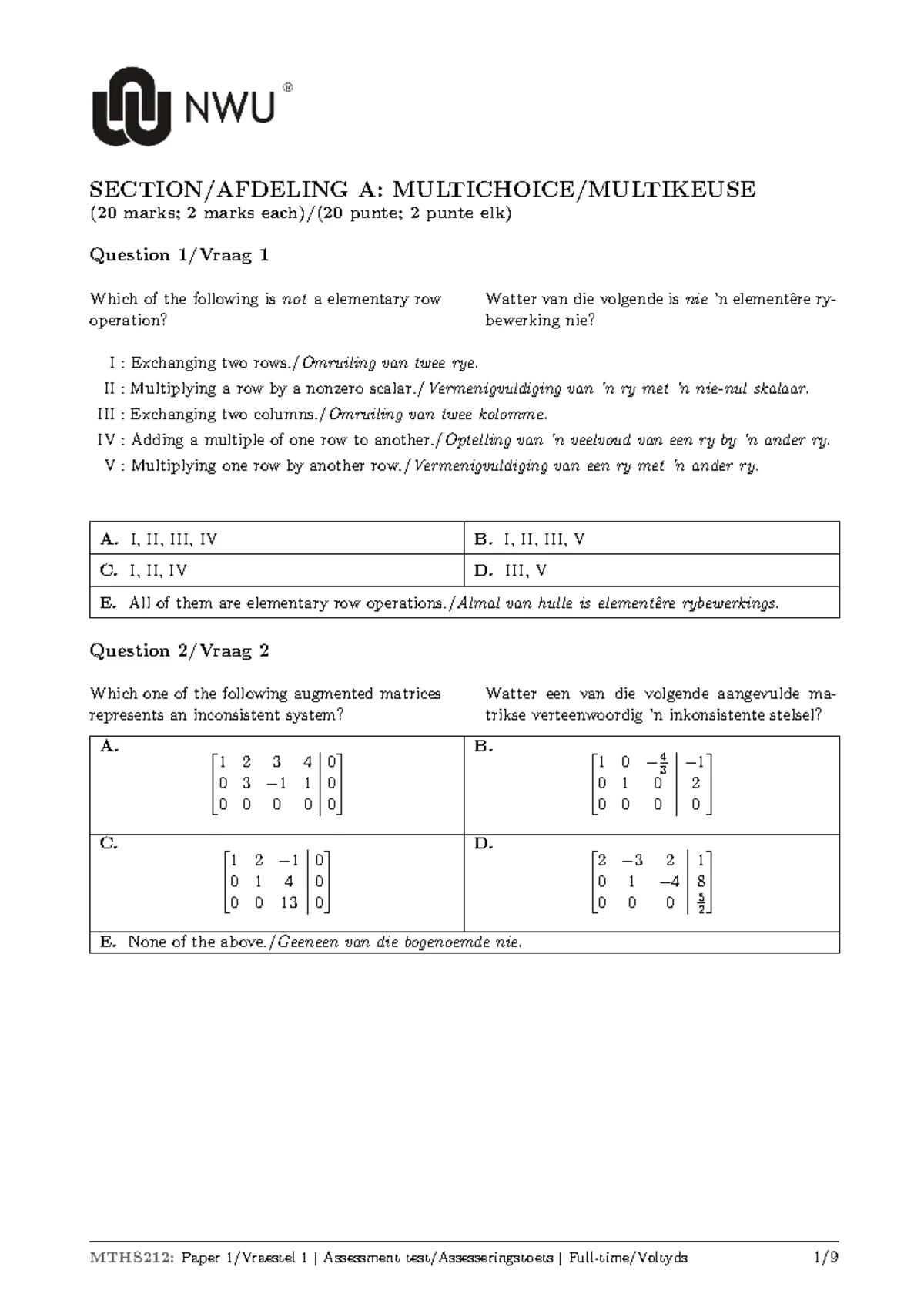 2022 Class Test - MTHS212 Linear Algebra 1 Requirements and Questions ...