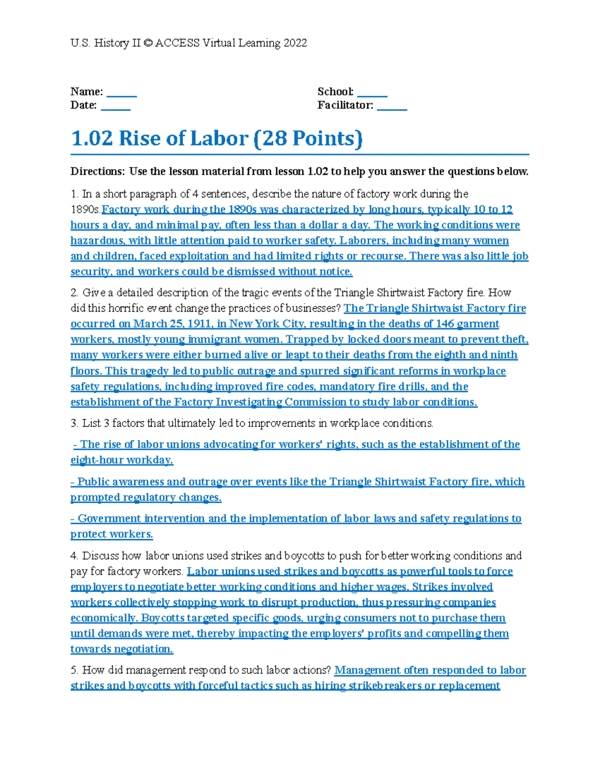 U. History II: Rise of Labor - Lesson 1 Access Notes - Studocu
