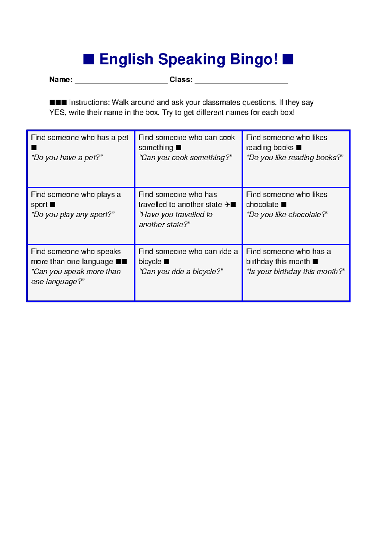 English Speaking Bingo Activity for Class Participation - Studocu
