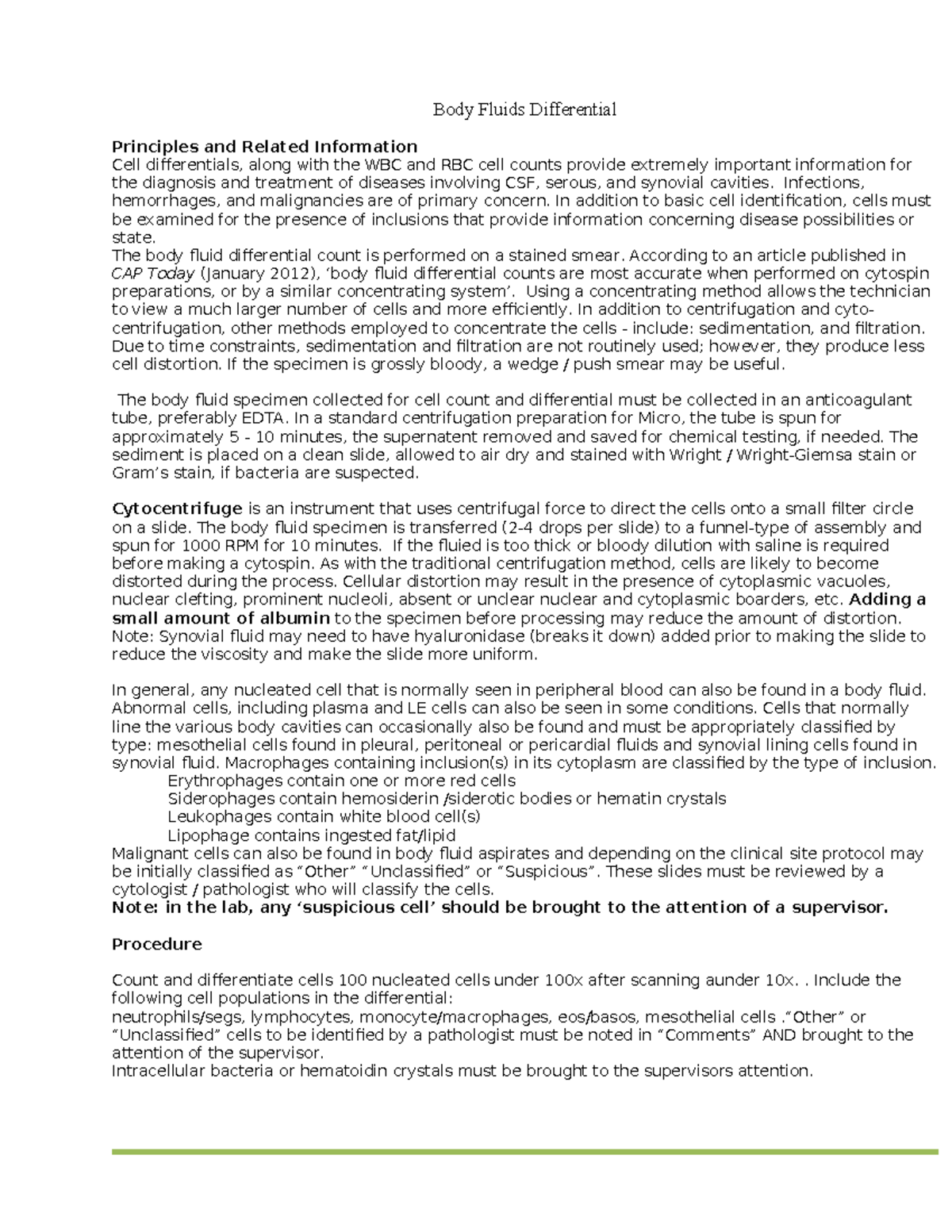 Body Fluids Differential handout - Body Fluids Differential Principles ...