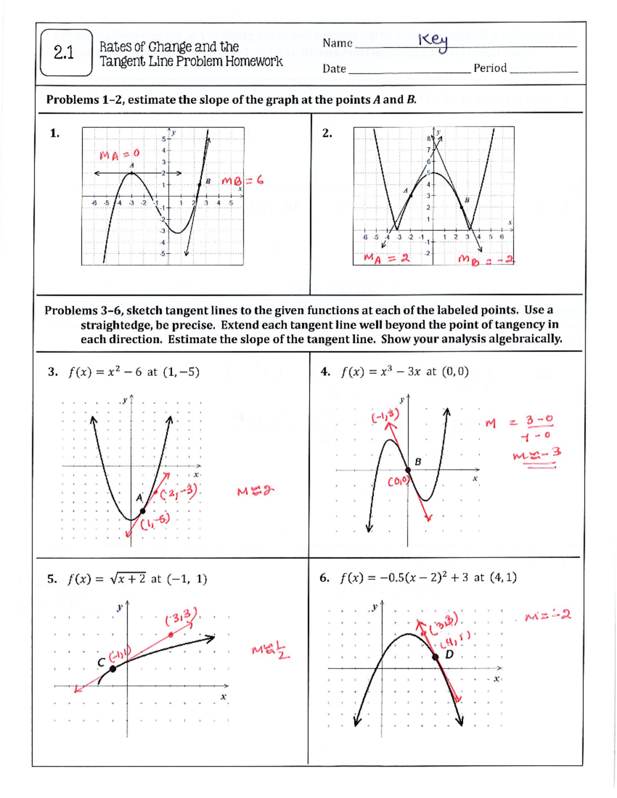 2-1 Homework Solutions: Tangent Line Key and Explanations - Studocu