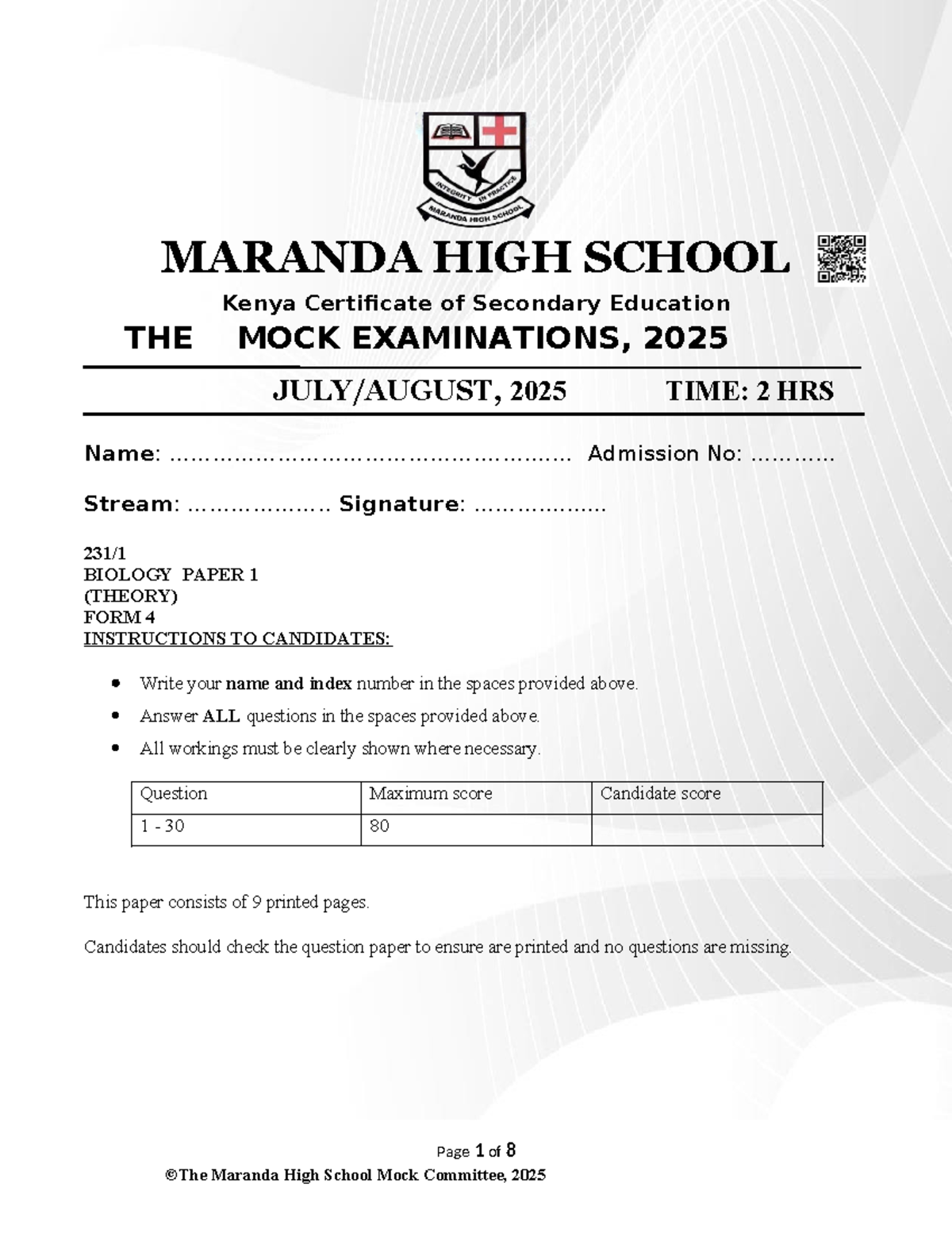 BIOLOGY PAPER 1 MOCK EXAMINATION - MARANDA HIGH SCHOOL 2025 - Studocu