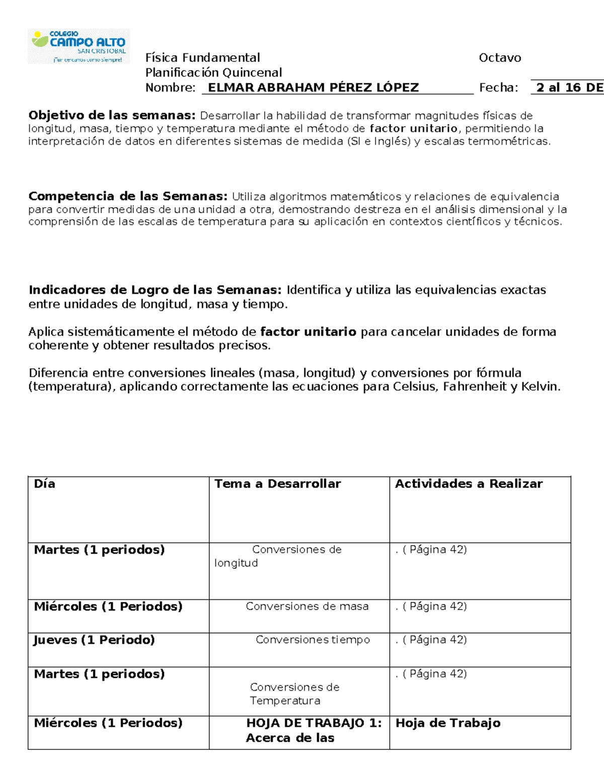 CASC FIFU Octavo: Planificación Quincenal de Física Fundamental - Studocu