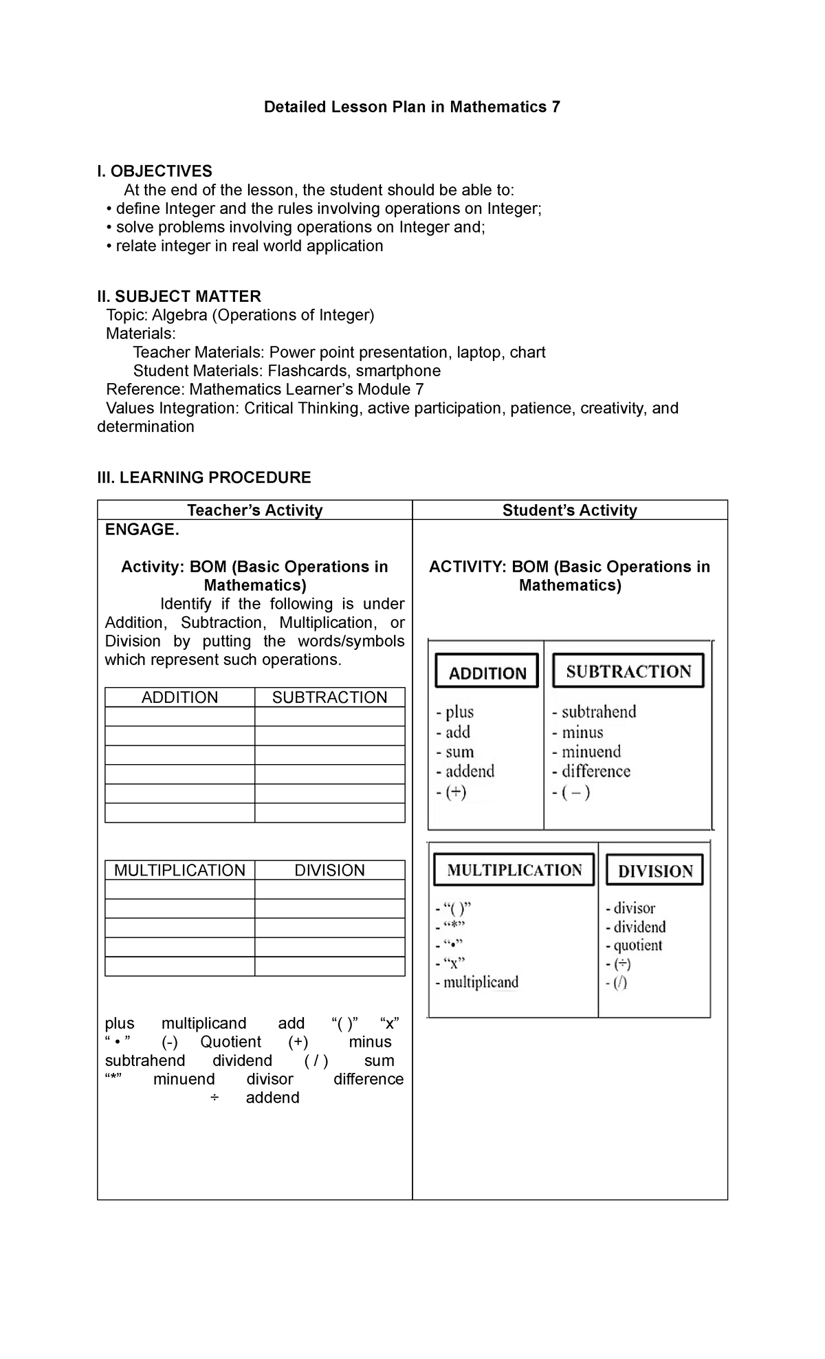 DLP: Detailed Lesson Plan for Math 7 - Operations on Integers - Studocu