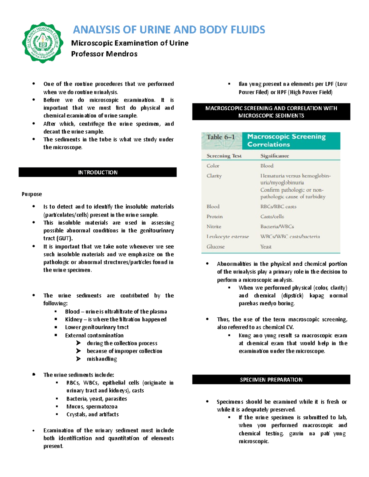 Microscopic Examination of Urine - ANALYSIS OF URINE AND BODY FLUIDS ...