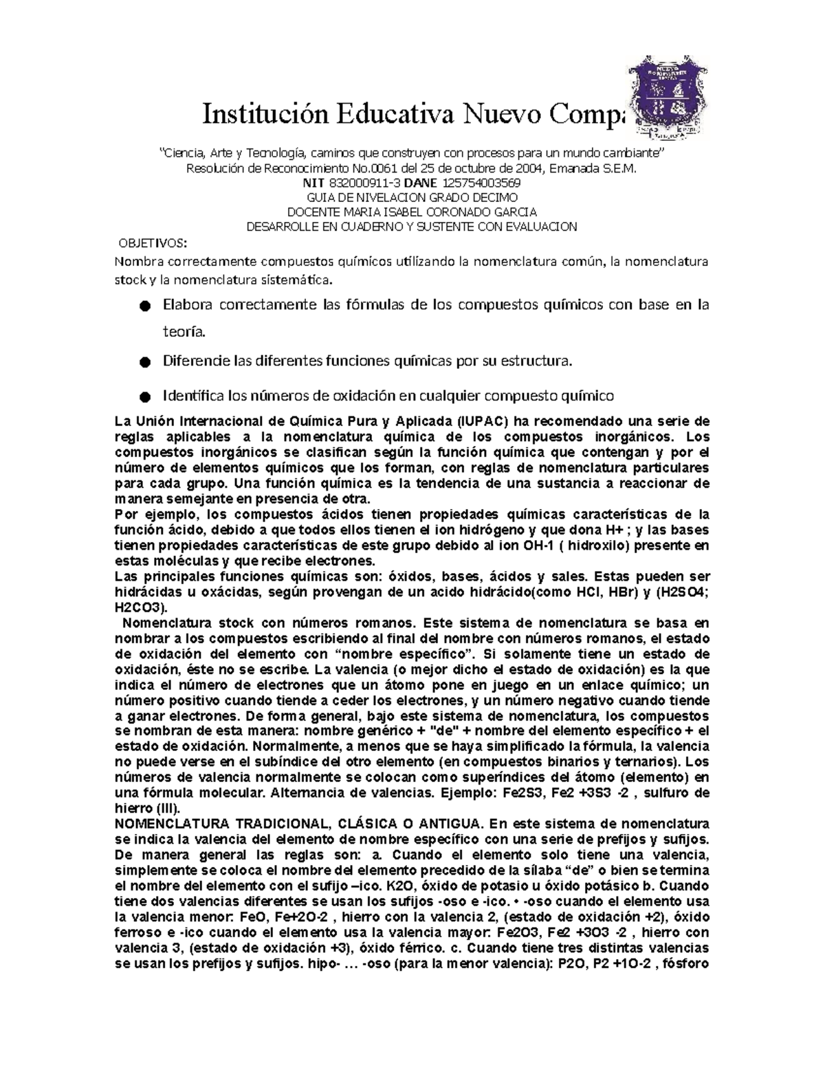 Guía de Nivelación Química 10 Inorgánica - María Isabel - Studocu