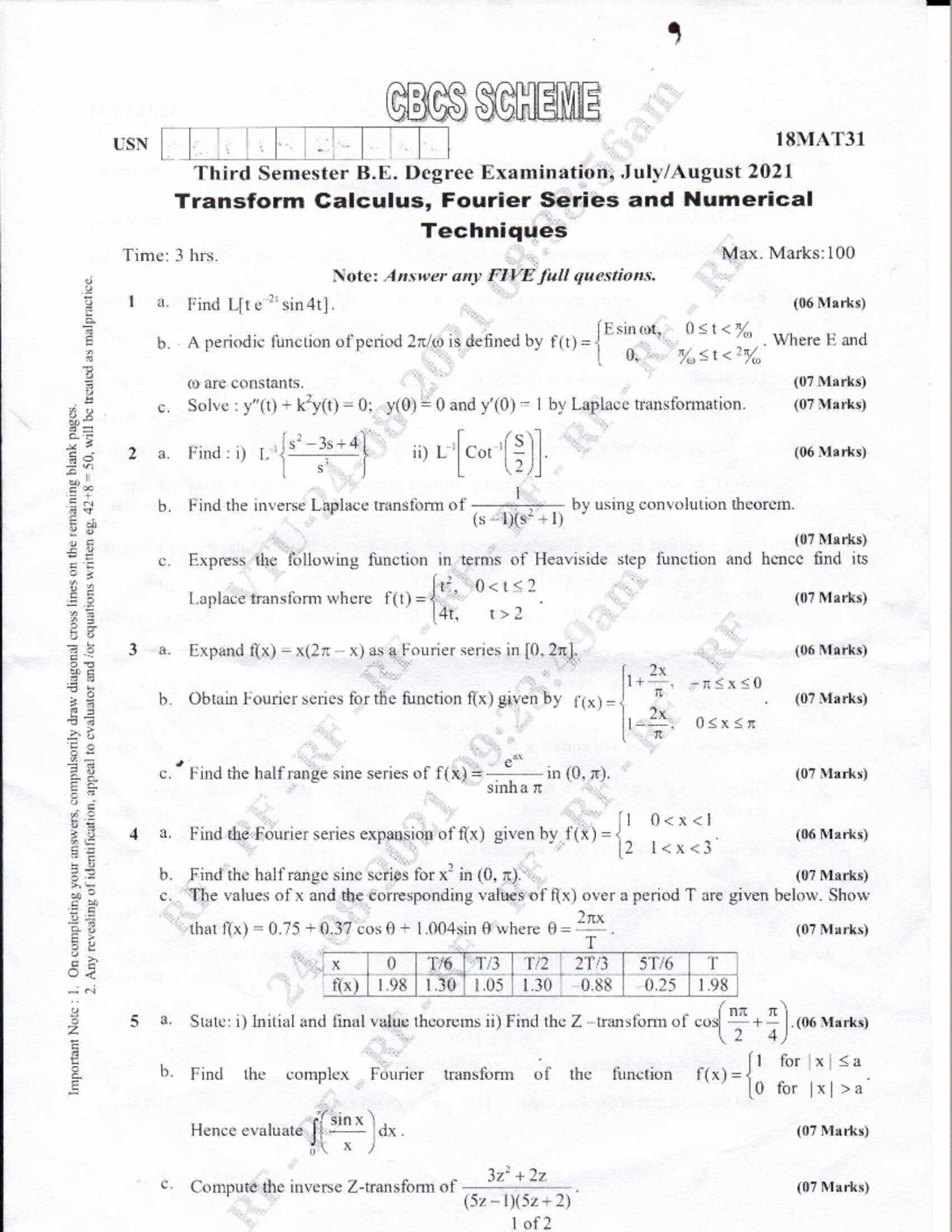 18mat31 Question Paper - CBCS SCHEME USN Game 18MAT31 Third Semester B ...