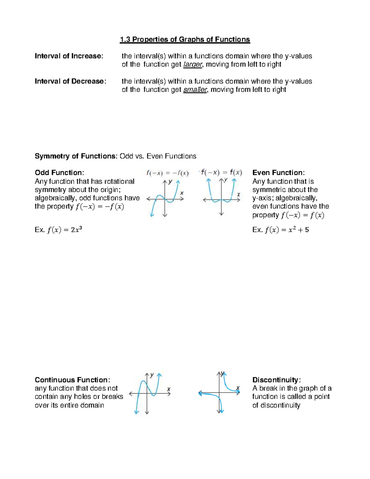 1.3 Properties of Graphs of Functions: Intervals, Symmetry, and ...
