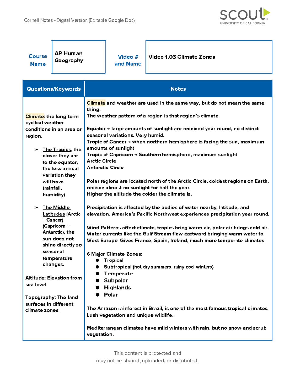 AP Human Geography Notes: Climate Zones (Video 1.03) - Cornell Notes ...