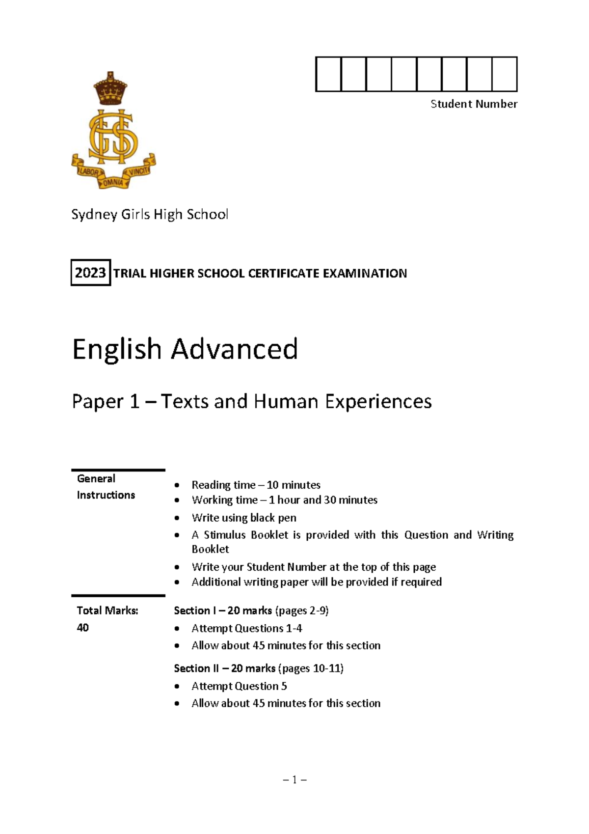 2023 SGHS Trial HSC Exam: English Adv Paper 1 Questions - Studocu