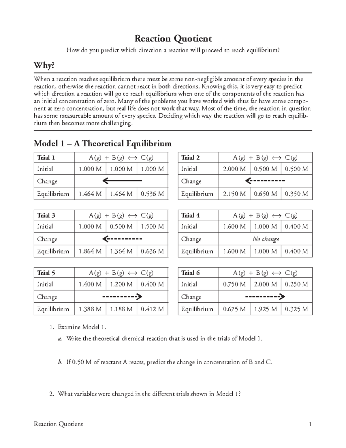 Reaction Quotient and Equilibrium Predictions in Chemistry 21 S (1)-1 ...