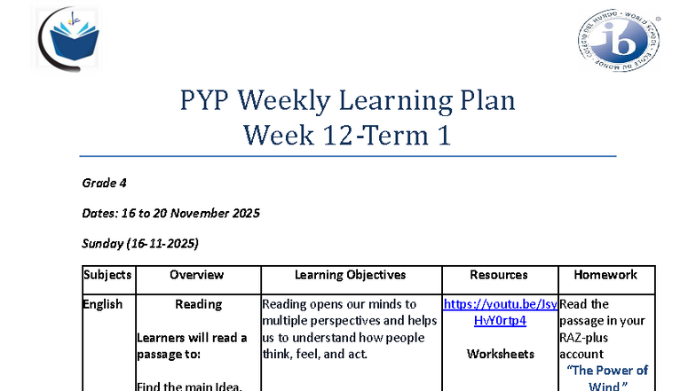Grade 4 PYP Weekly Learning Plan - Week 1 (16-20 Nov 2025) - Studocu
