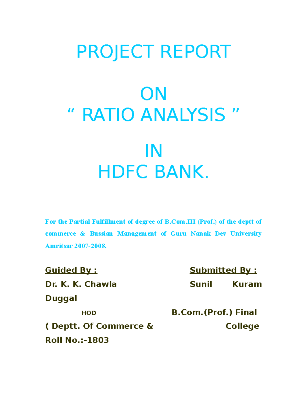 Project Report on Ratio Analysis in HDFC Bank (B.Com. III) - Studocu