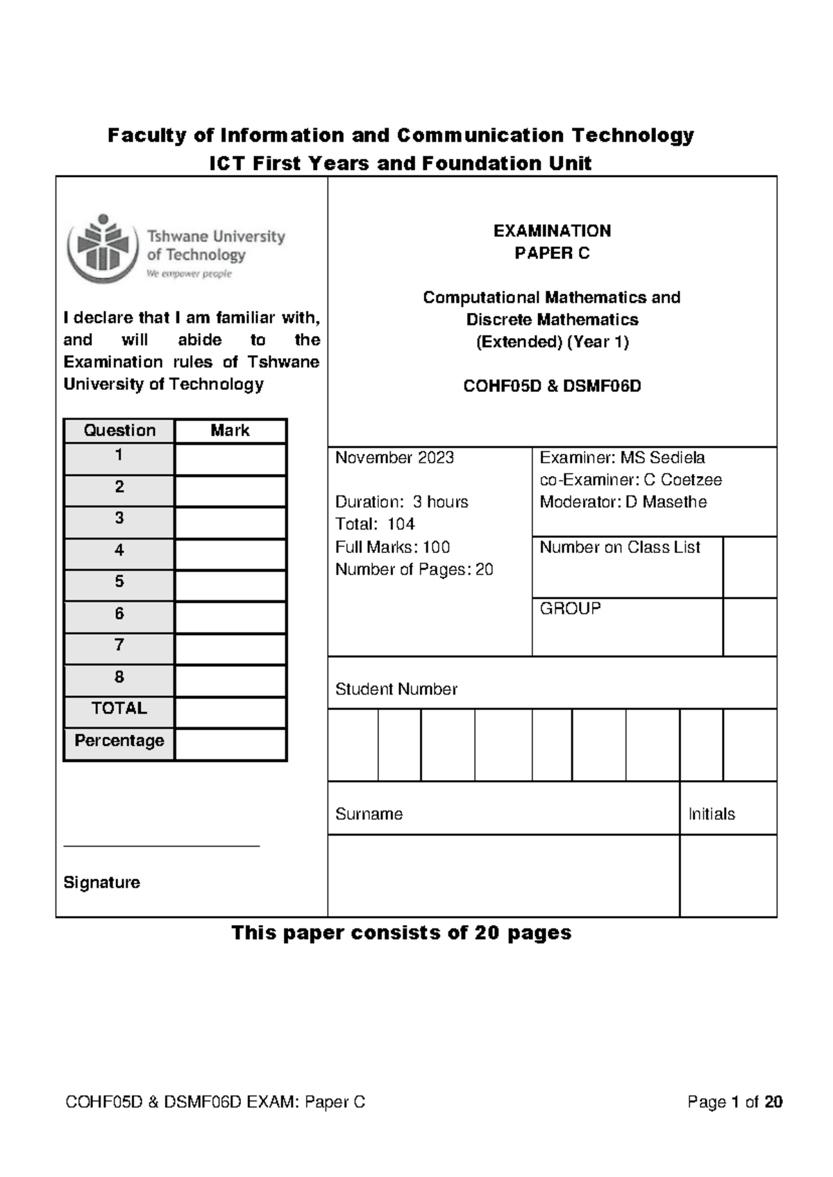 Final Exam: COHF05D DSMF06D Computational & Discrete Math Paper C - Studocu