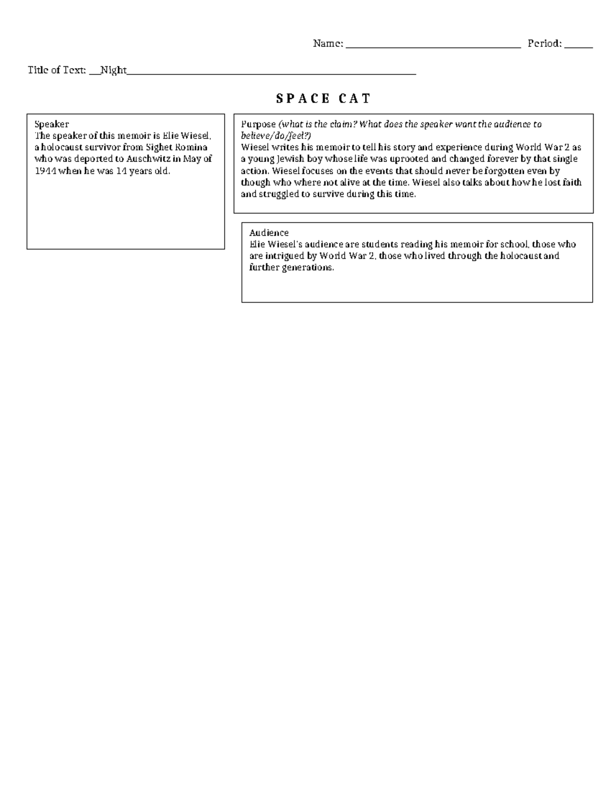 AP Lang Essay Notes: Spacecat Template for "Night" by Elie Wiesel - Studocu