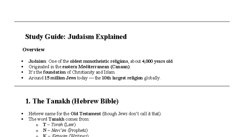📘 Study Guide - 📘 Study Guide: Judaism Explained 🔹 Overview Judaism ...