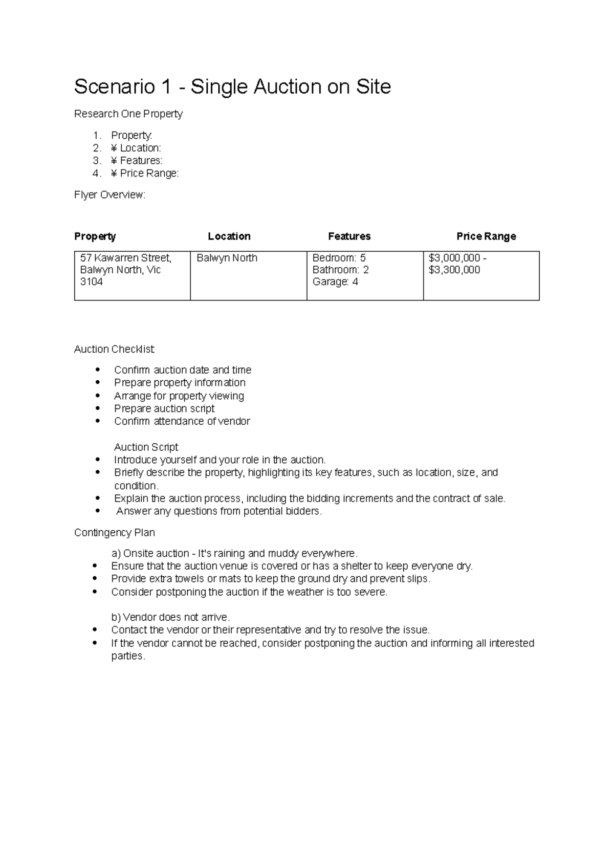 Scenario 1 - Scenario 1 - Single Auction on Site Research One Property ...