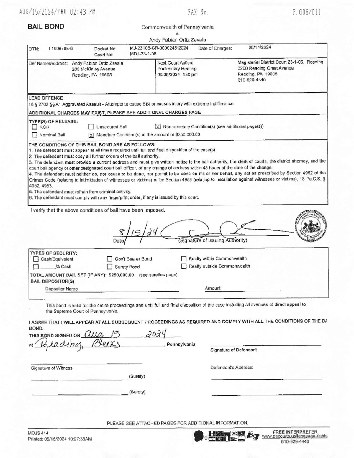 Bail Bond Documentation for Commonwealth of PA v. Andy Fabian Ortiz ...