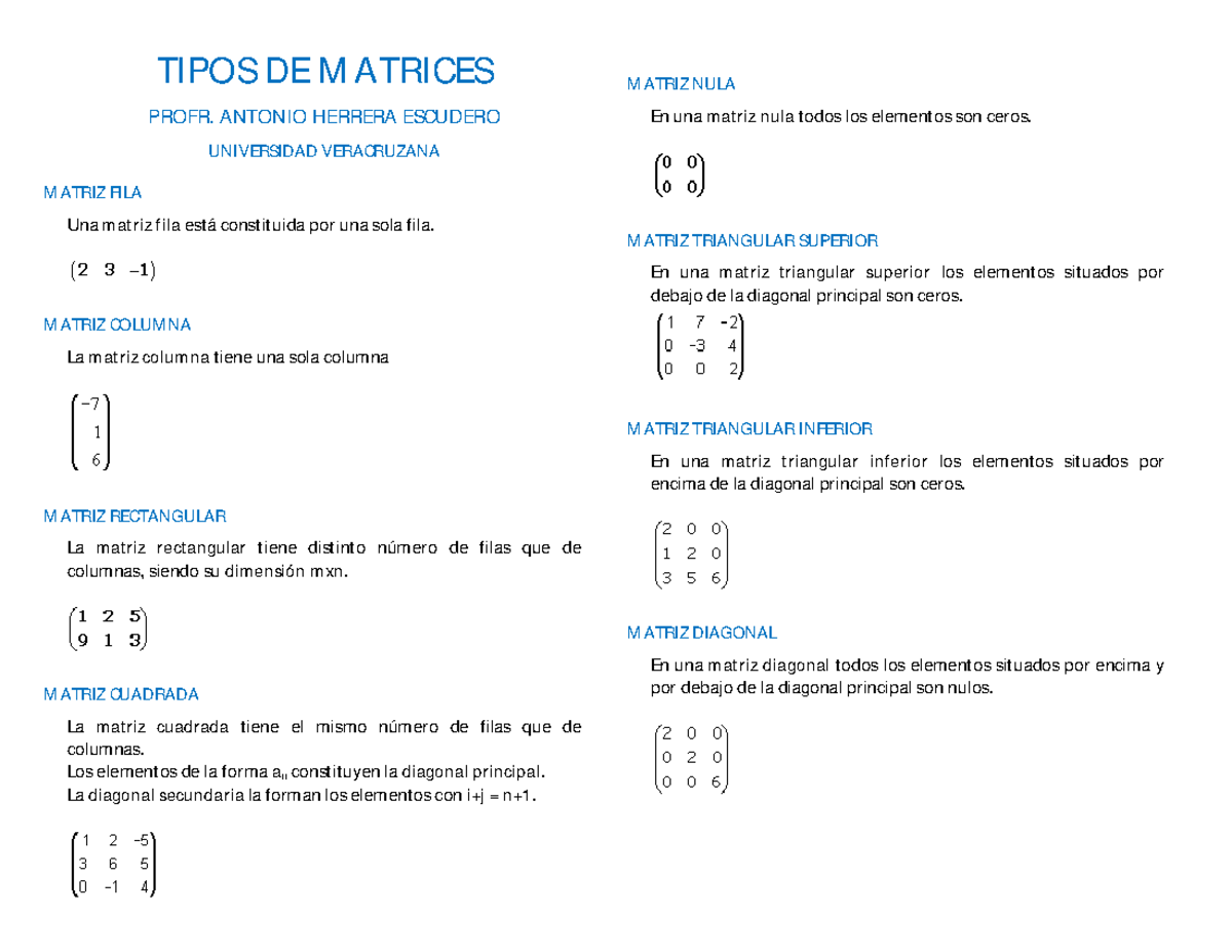 TIPOS DE MATRICES - RESUMEN 10A - PROFR. ANTONIO HERRERA ESCUDERO - Studocu