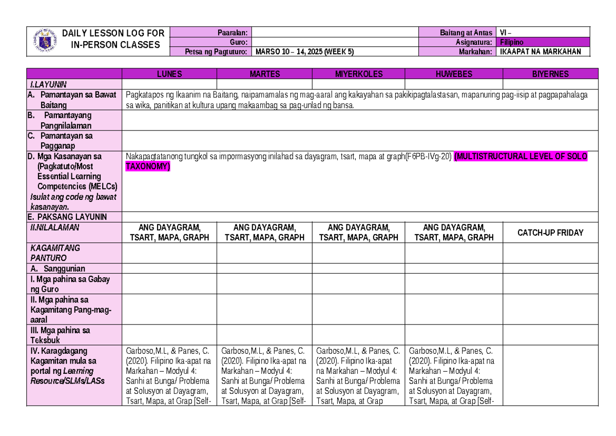 Q4 Filipino Daily Lesson Log (DLL) for Grade 6 - Week 5 - Studocu