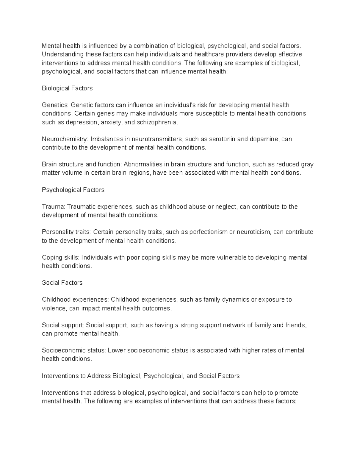 Biological, Psychological & Social Factors Influencing Mental Health ...