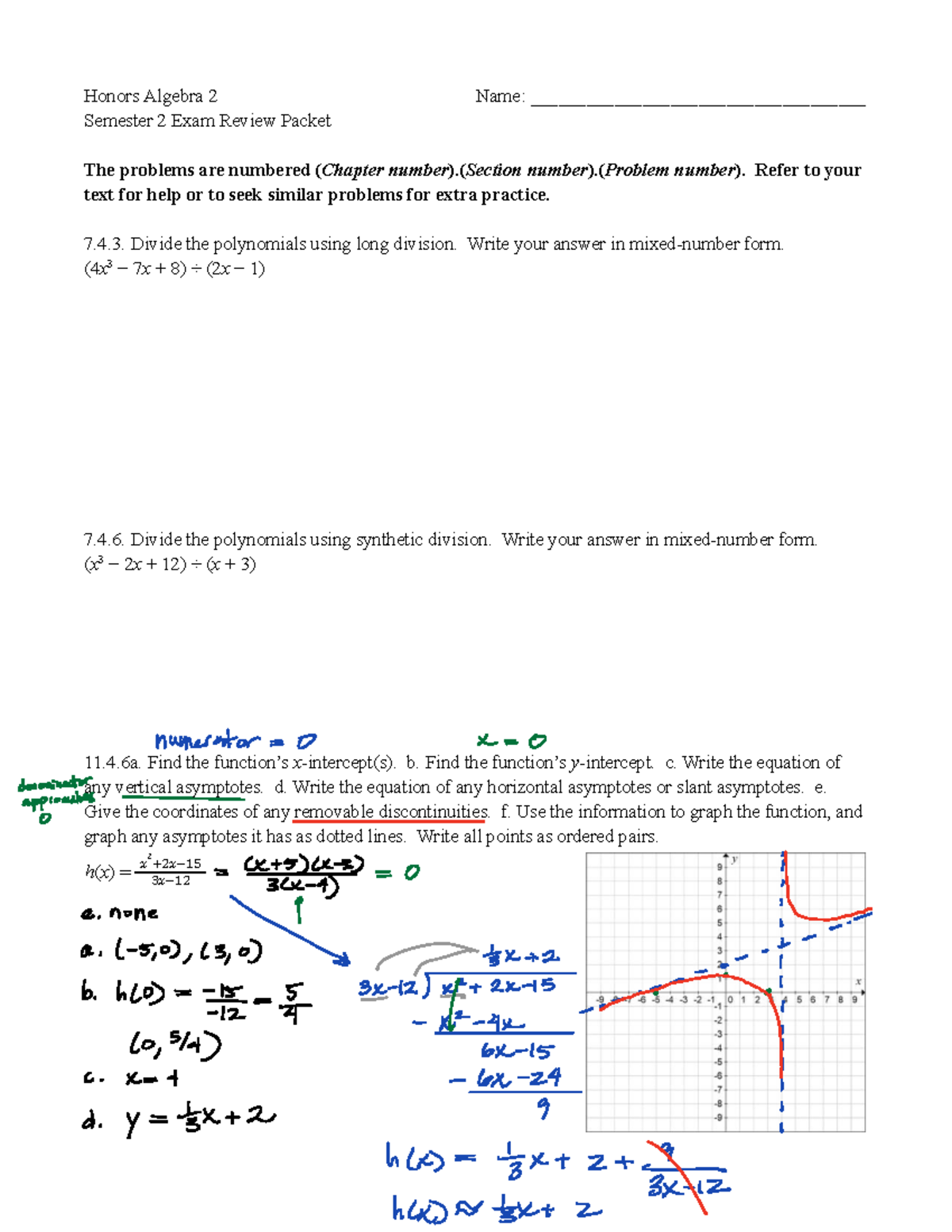 Honors Algebra 2 (Semester 2) Exam Review Packet - Studocu