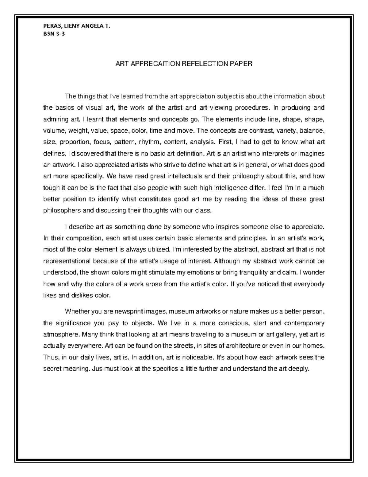 ARTS Reflection Paper - PERAS, LIENY ANGELA T. BSN 3- ART APPRECAITION ...