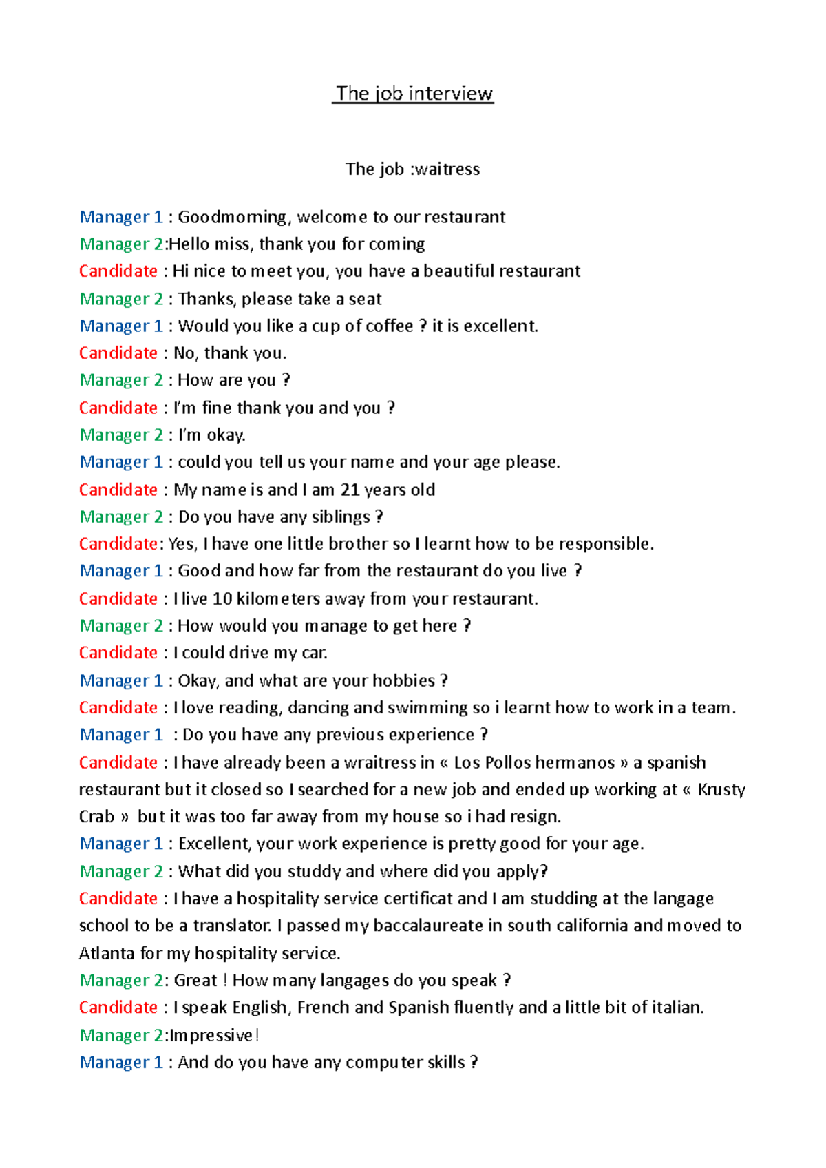 Interview Script for Waitress Position - Mise en Scène in English - Studocu