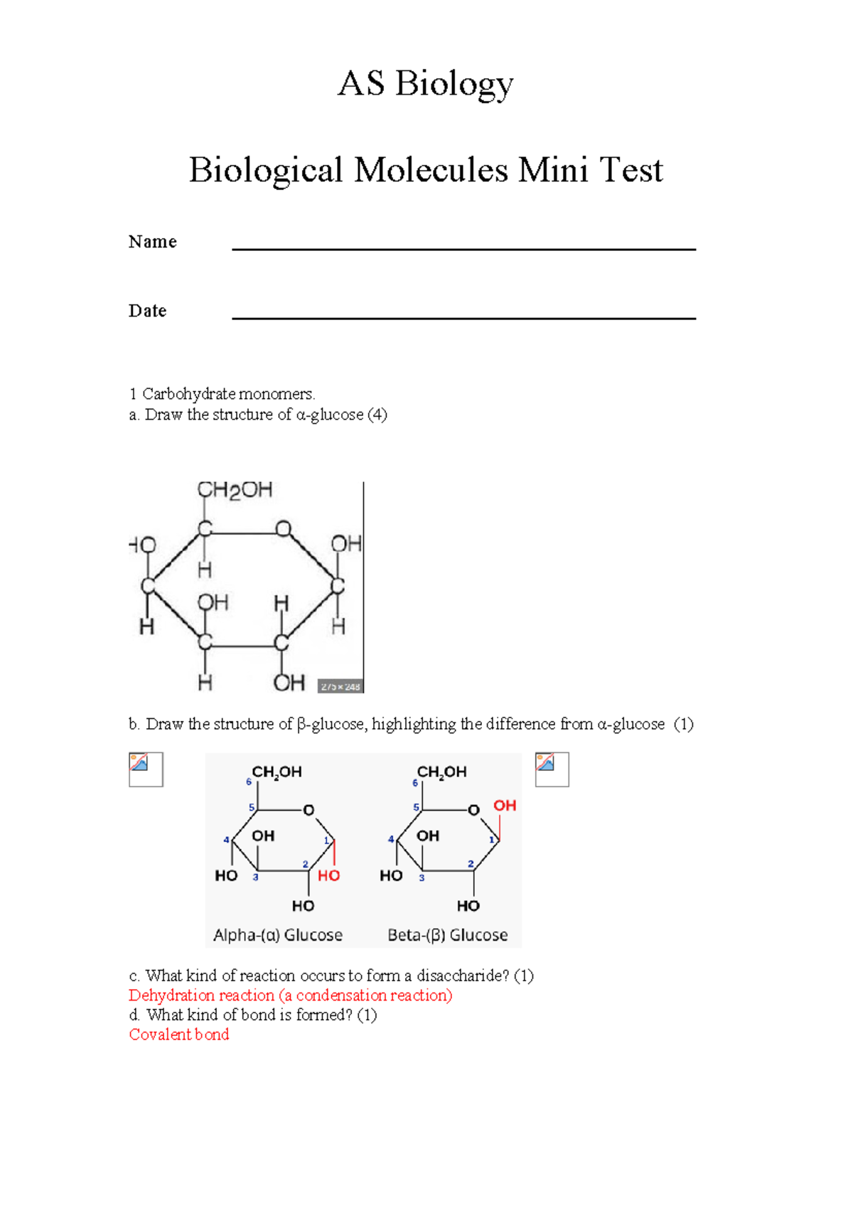 Biological molecules mini test - AS Biology Biological Molecules Mini ...