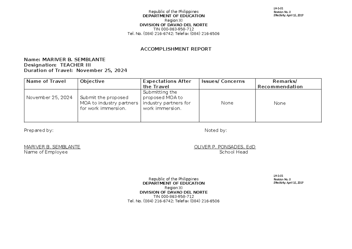 Comprehensive Accomplishment Report for Travel 1 - Teacher III - Studocu