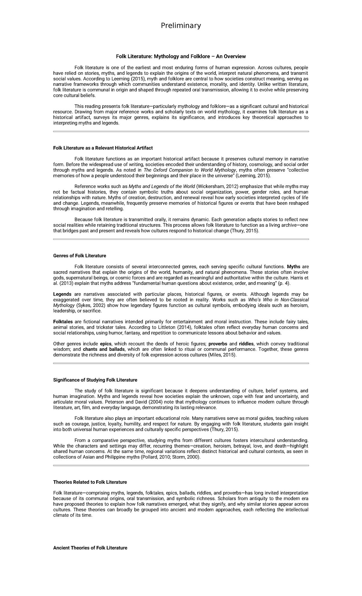 Folk Literature (ENG 101): An Overview of Mythology and Folklore - Studocu