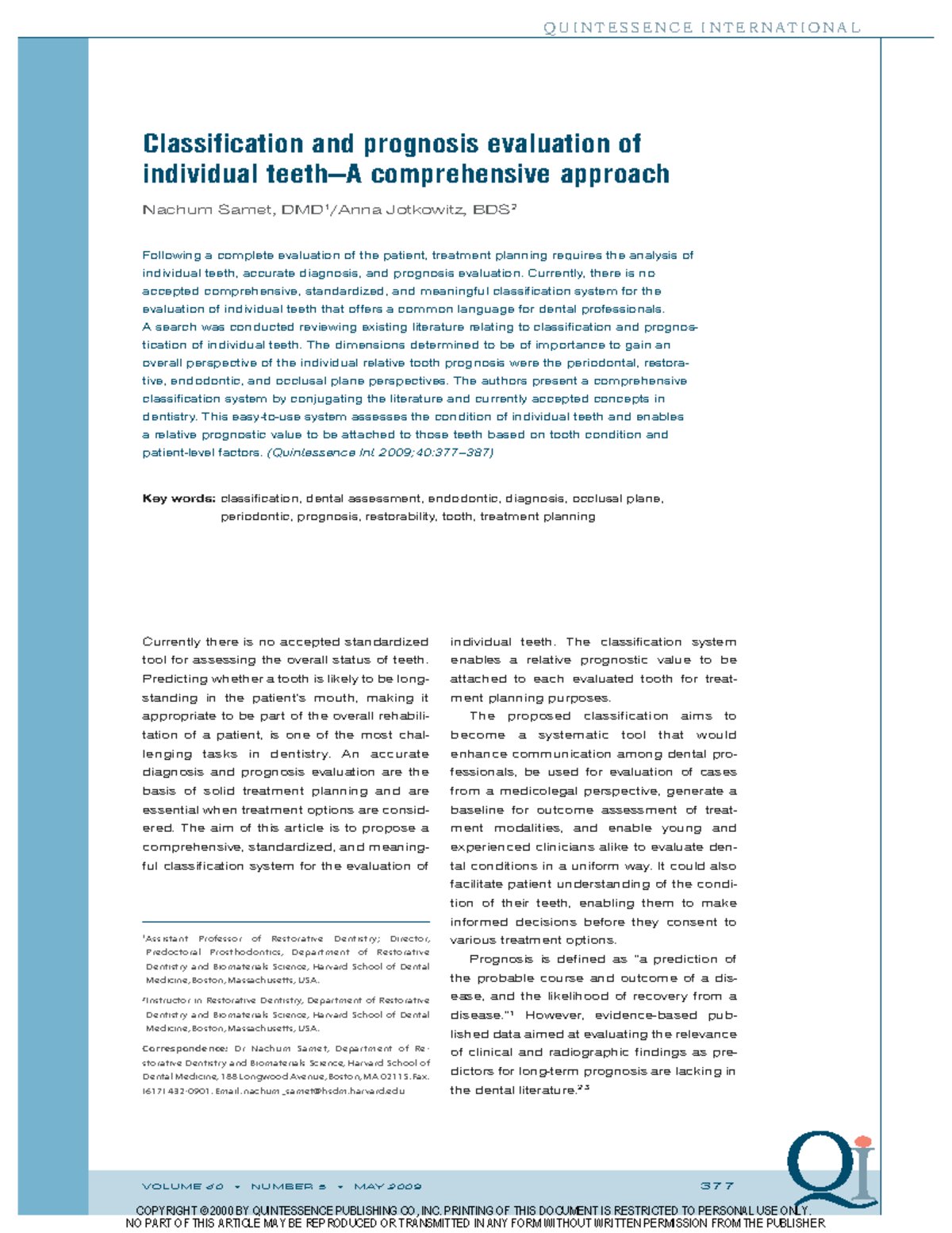 Classification and Prognosis Evaluation of Individual Teeth - BDS2 ...