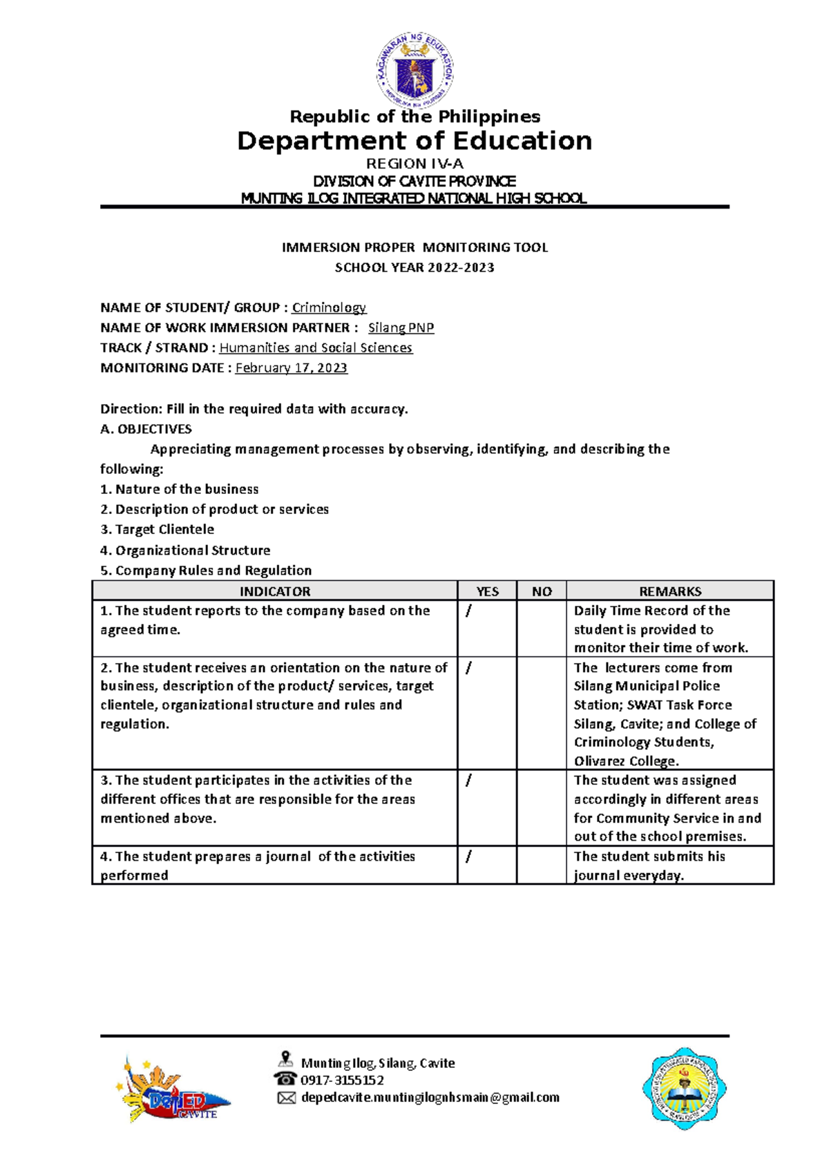 TRUE Silang PNP Immersion- Proper- Monitoring-TOOL - Republic of the ...