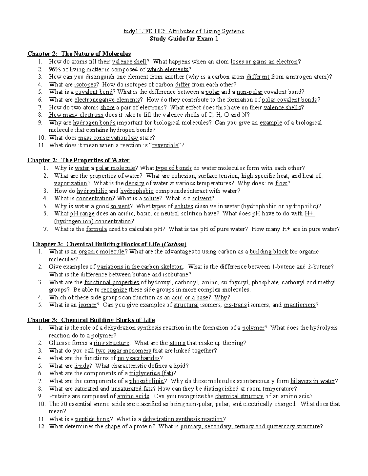 Study Guide for LIFE 102: Living Systems and Chemical Concepts Exam 1 ...