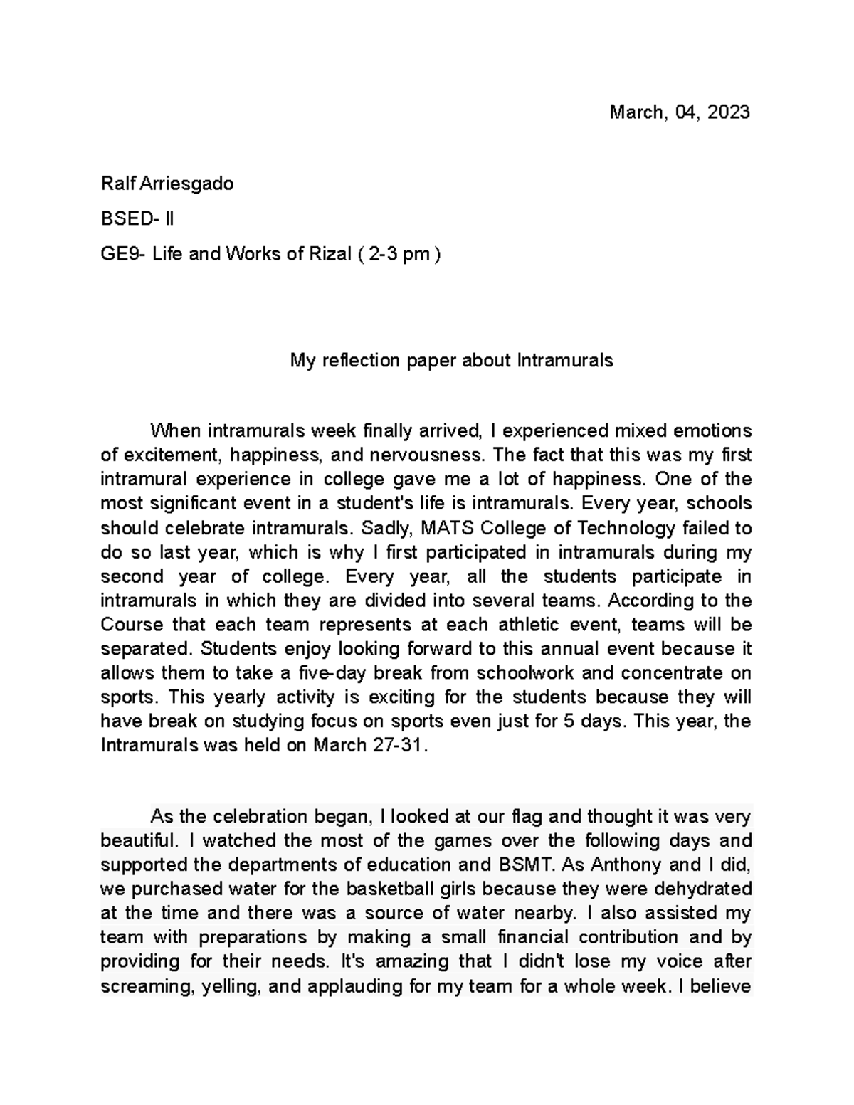 BSED-II Reflection Paper on Intramurals Experience - GE9 Class - Studocu