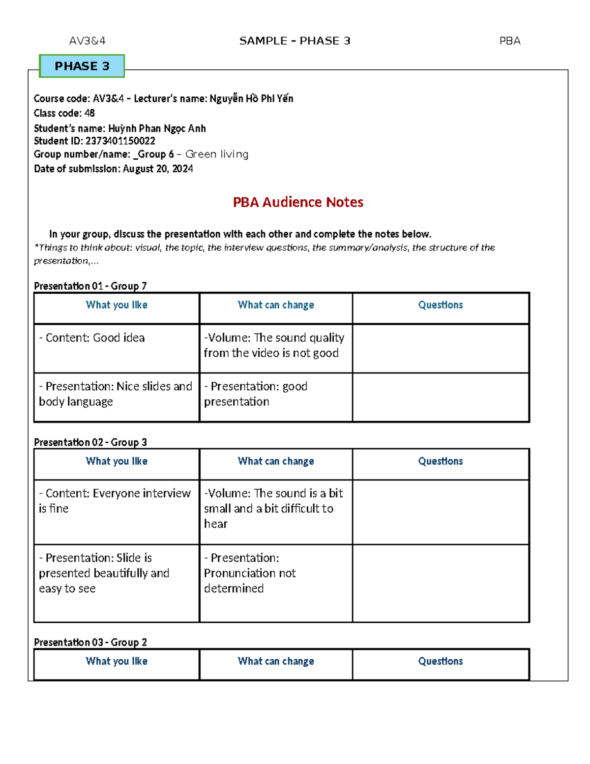 AV3&4 PBA Notes - Phase 3 Team Presentations Feedback - Studocu