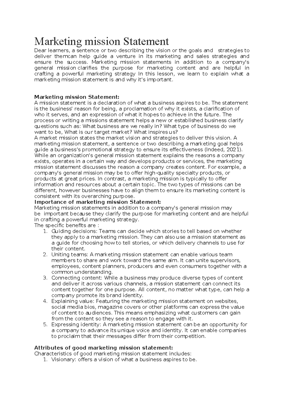 New Venture Notes: Marketing Mission Statement & TBL Concepts - Studocu
