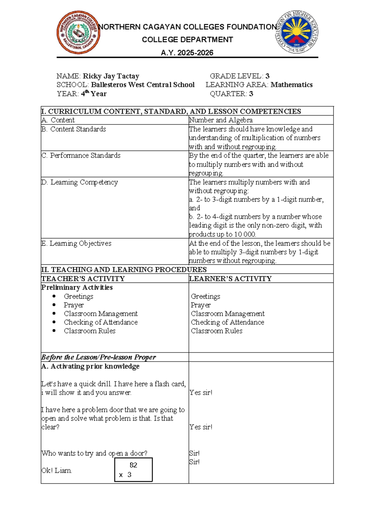 Ricky's Grade 3 Math Week 8 Activities - Quarter 3 - Studocu