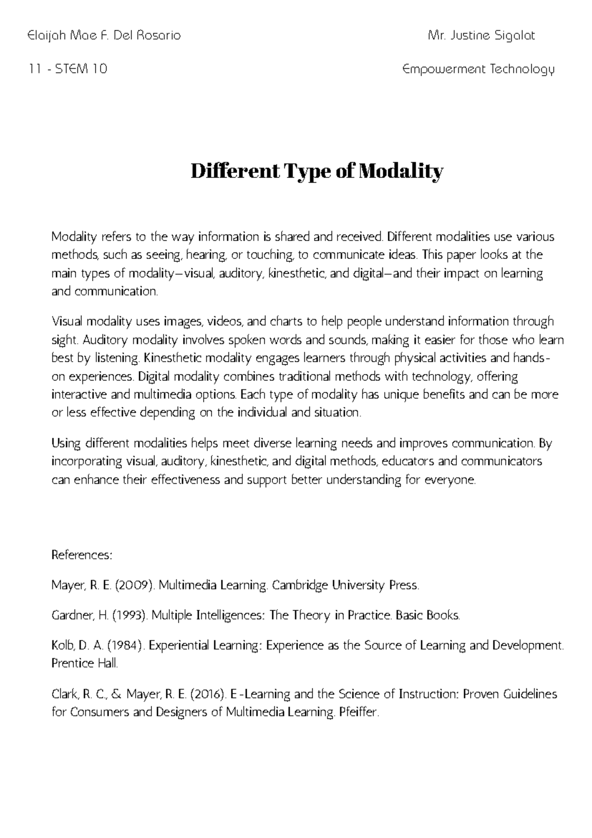 Empowerment Tech: Types of Modality in Learning (Emtech) - Studocu