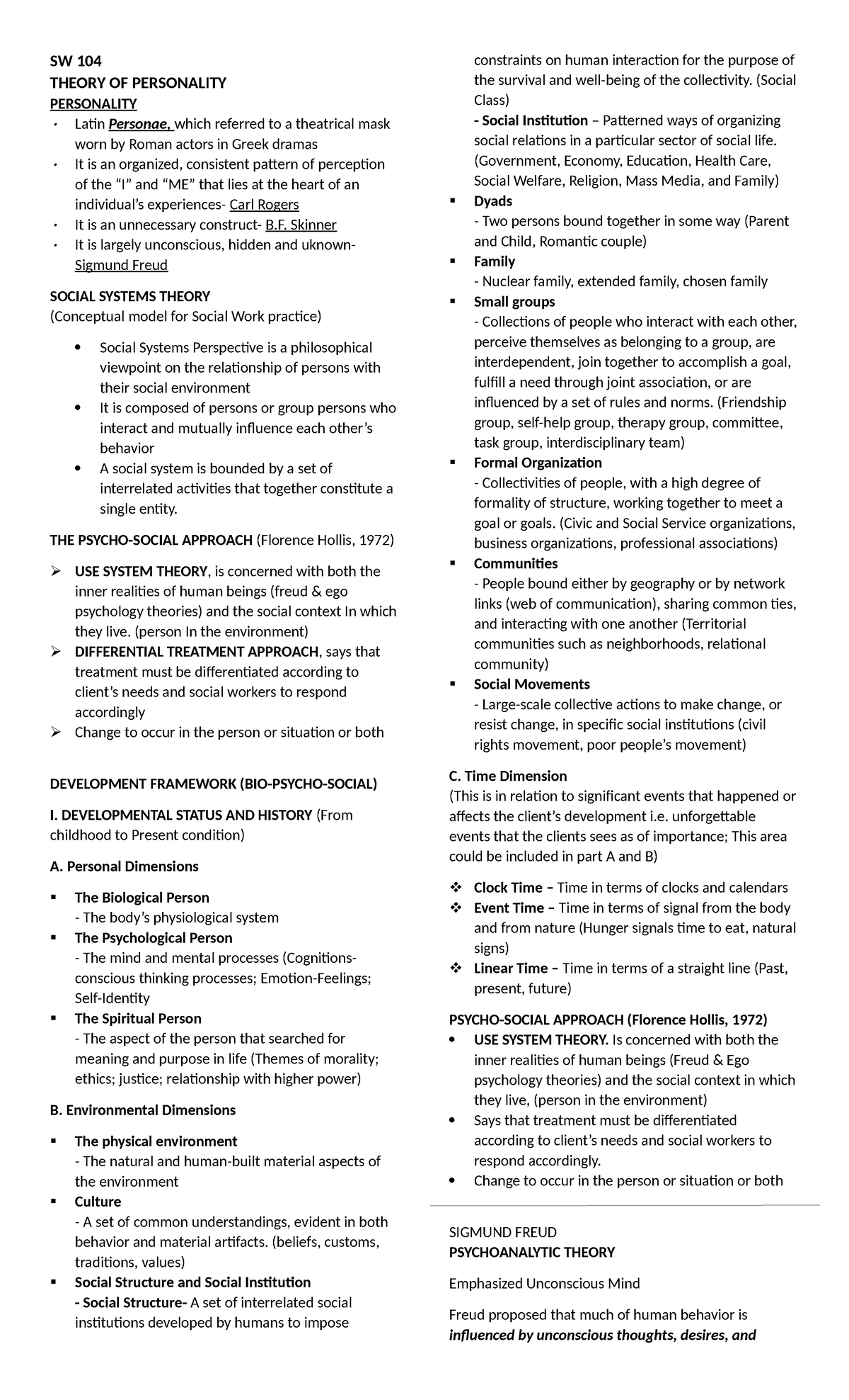 SW-104 Theory of Personality and Social Systems Overview - Studocu