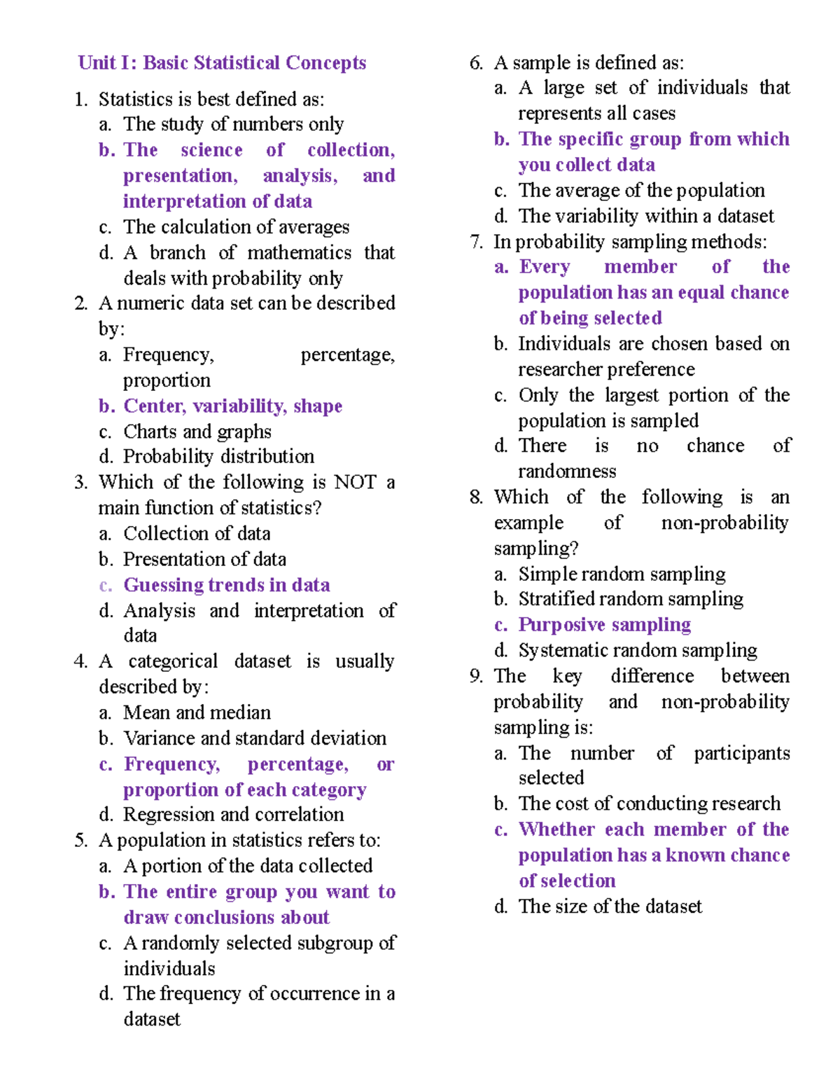 SASA Questions - Reviewer for Statistical Analysis Concepts - Studocu