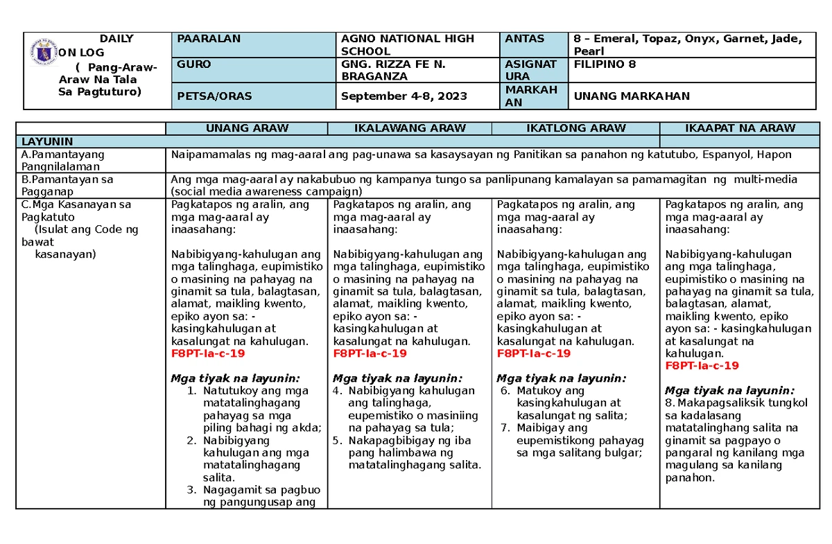 Curriculum Map - Filipino 10 - ASIGNATURA: FILIPINO MARKAHAN: UNANG ...