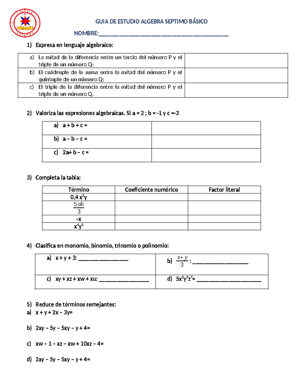 GUIA DE ESTUDIO ALGEBRA SEPTIMO BÁSICO: Ejercicios y Clasificación - Studocu